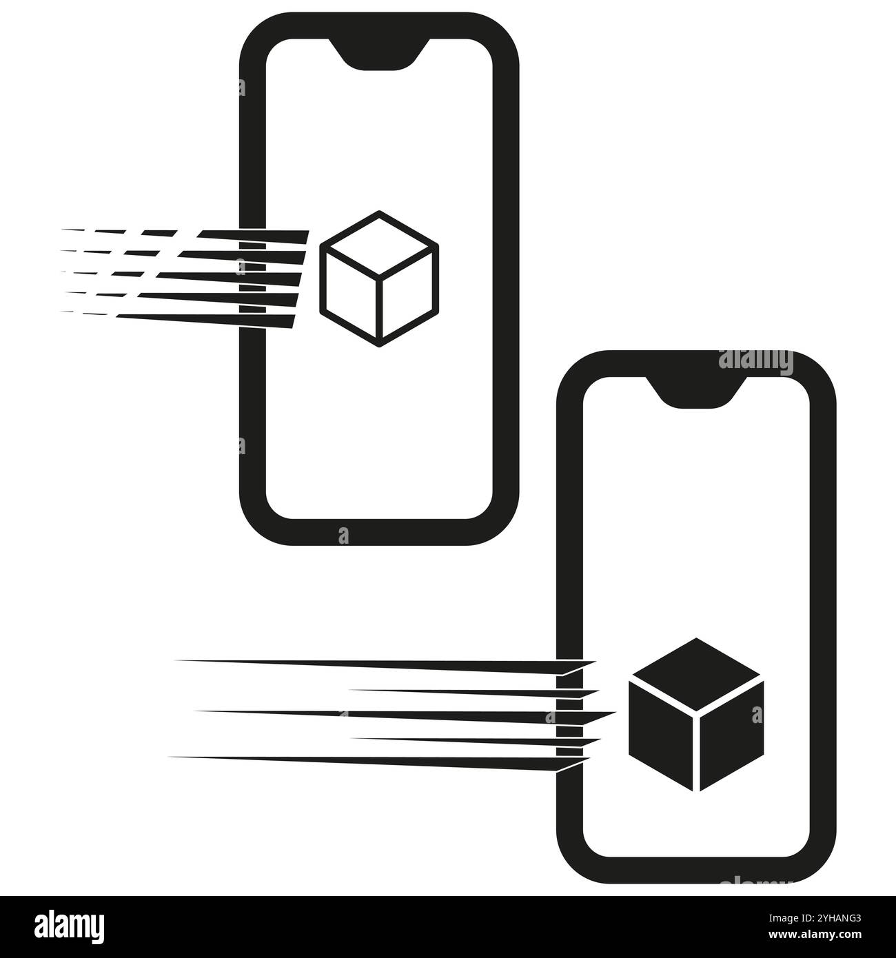 Cube in smartphone. Mobile icon vector. Black and white background ...