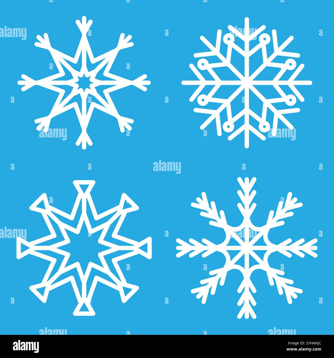 Snowflake icons set. Winter symbols on blue. White snow crystal shapes ...