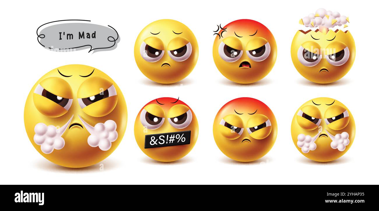 Mad emoji emoticon vector character set. Emojis sad, stress, explode ...
