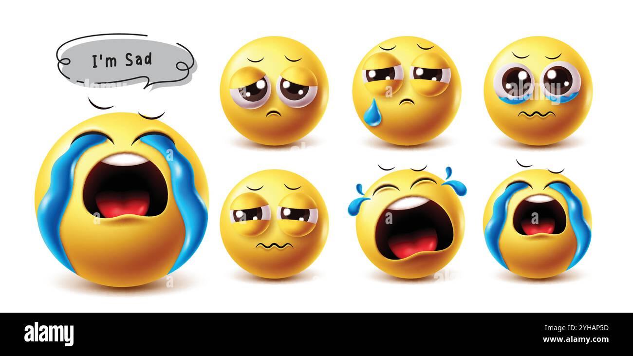 Sad 3d emoji vector characters set. Emojis with unhappy, sadness, sob, disappointed, crying and ...