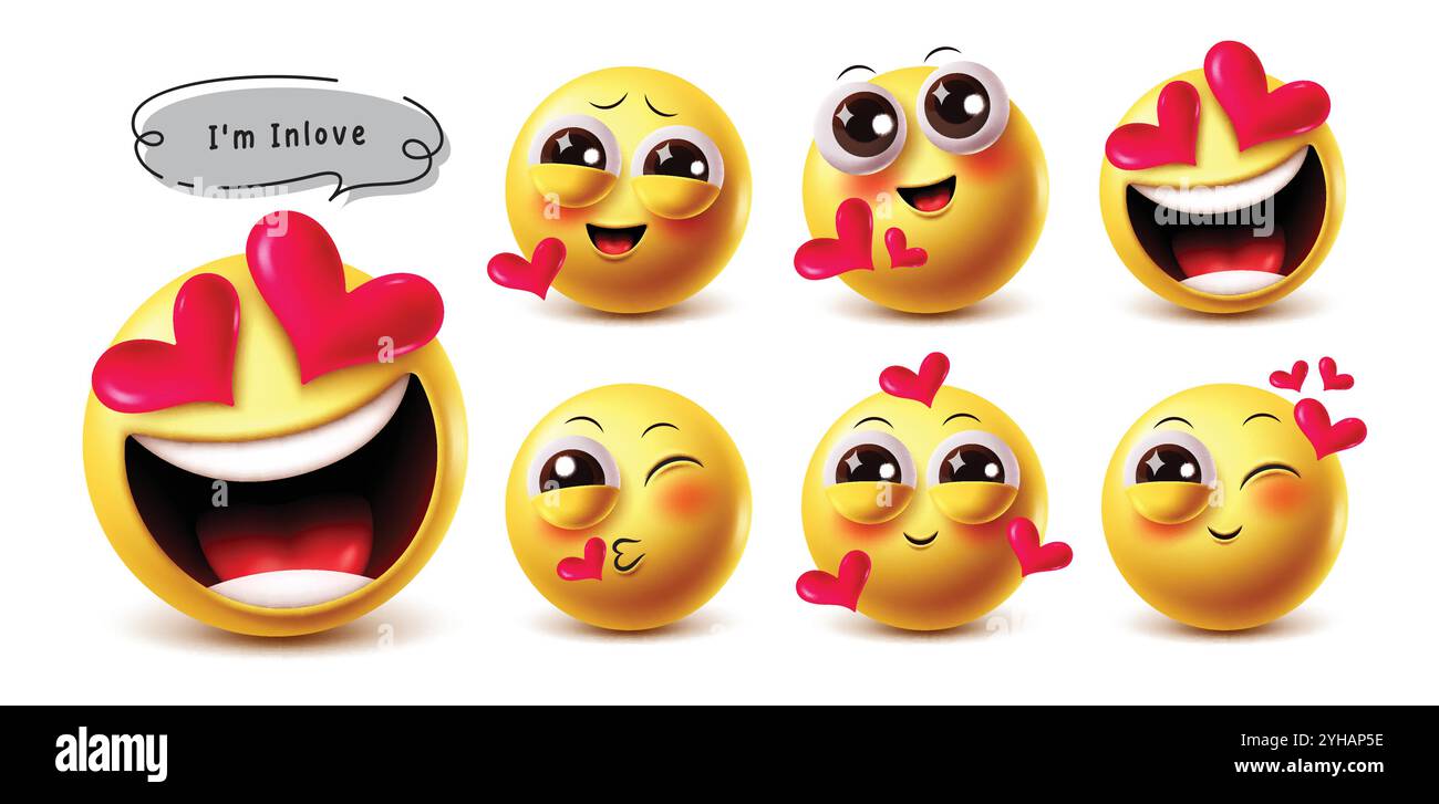 In love emoji vector characters set. In love 3d yellow emoticons with ...