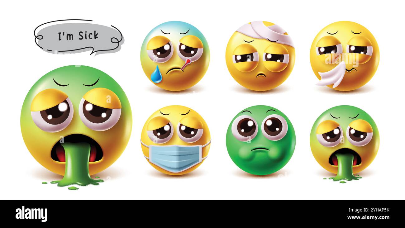 Sick emoji emoticons vector characters set. 3d illness emoticon like flu, bandage, sneezing ...