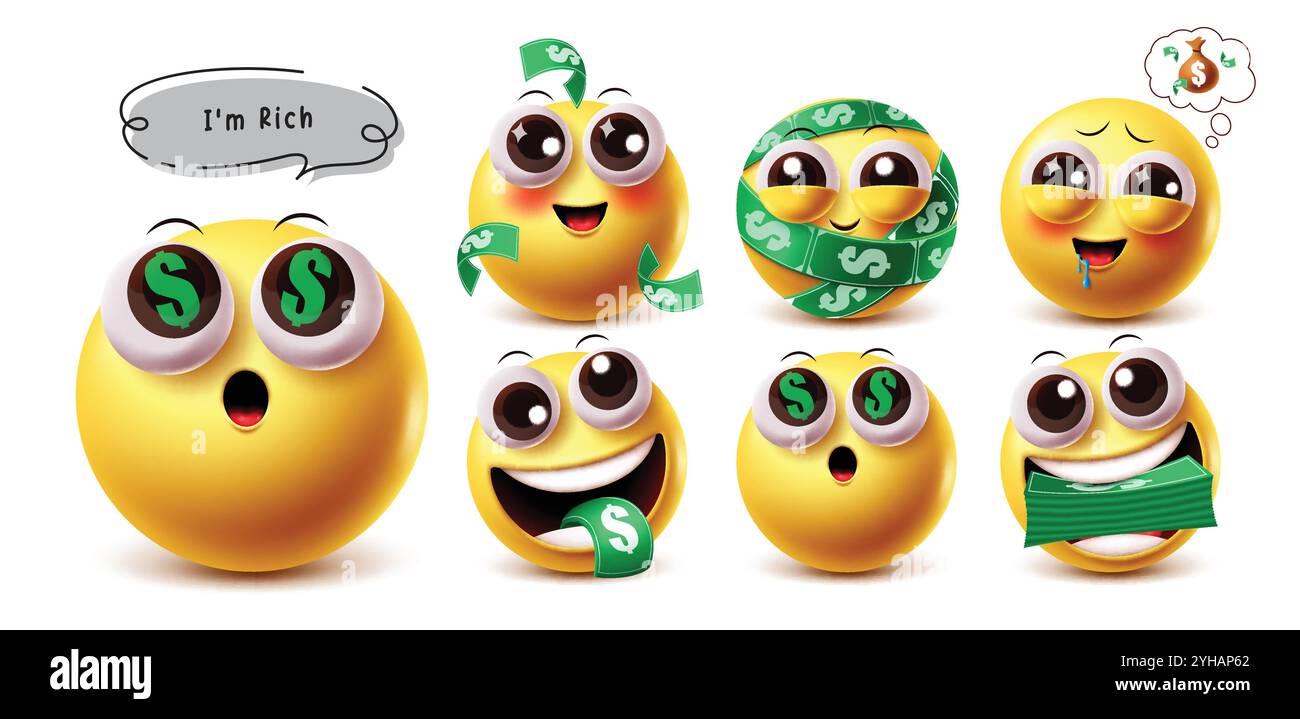 Rich emoji emoticon vector character set. Emojis wealthy, prosperous, lavish, overflowing, money ...