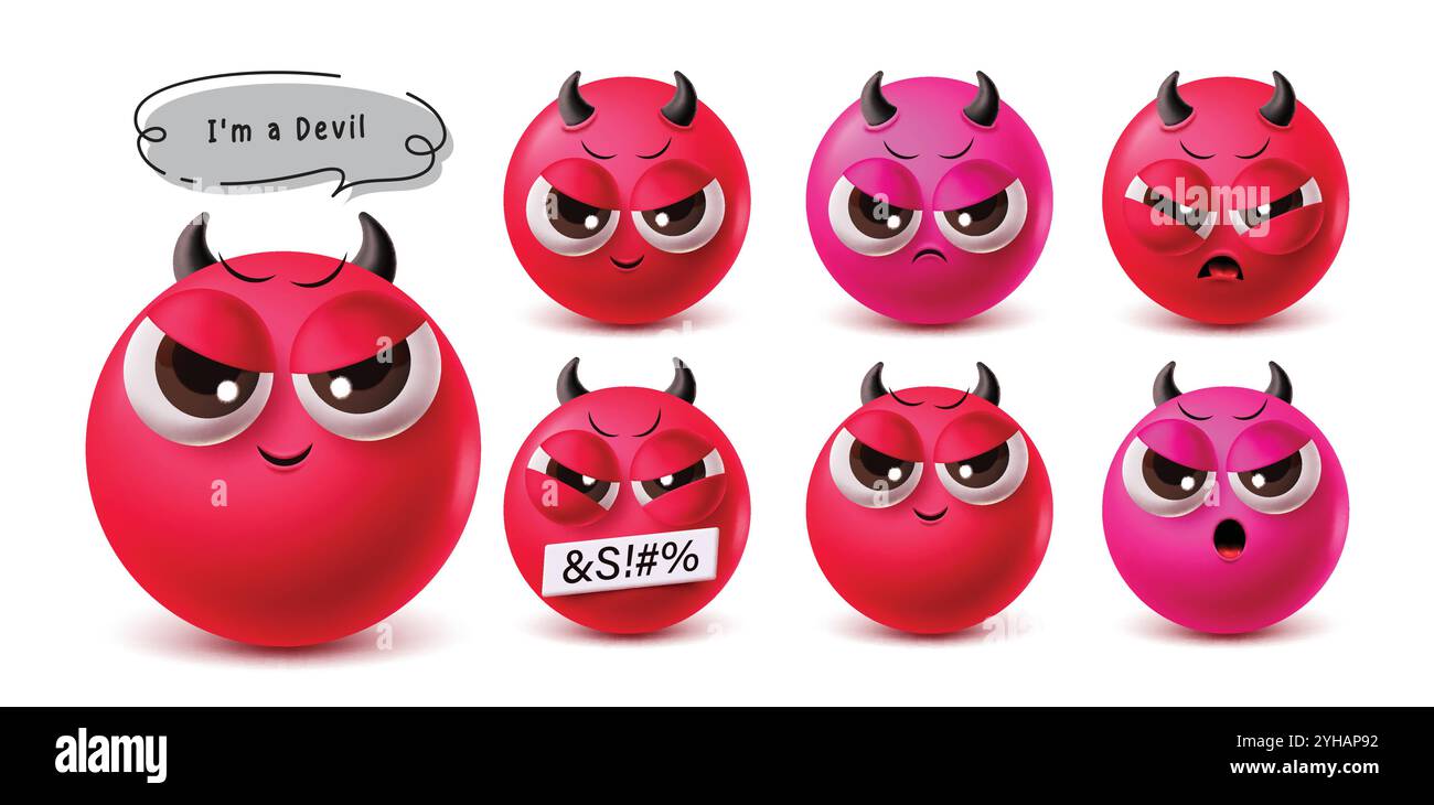 Devil emoji emoticon vector character set. Red and purple 3d emojis character faces like daemon ...