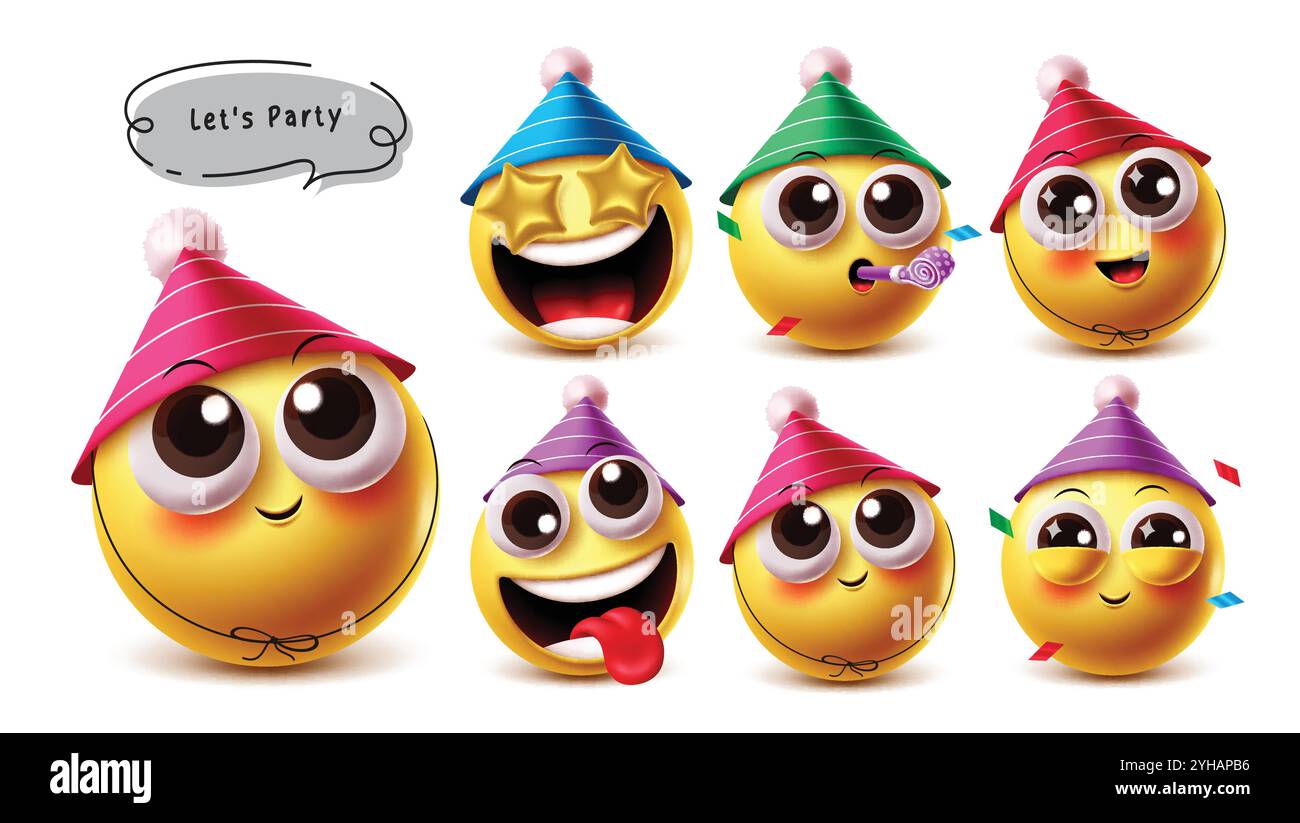 Birthday party emoji vector character set. 3d emojis happy birthday ...
