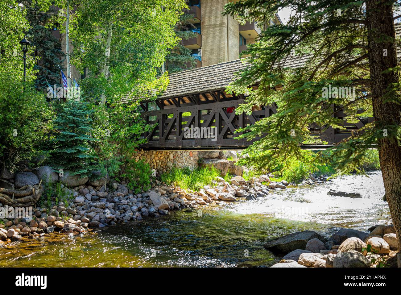 Vail, Colorado ski resort town with Gore creek river, small wooden ...