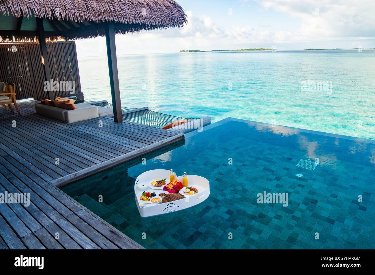 Floating breakfast in a heart shape in the pool in Maldives Stock Photo ...