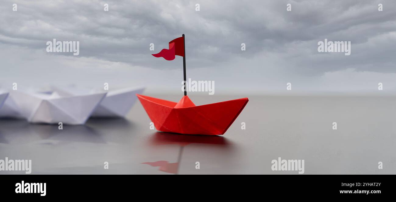 Leadership Concept with Paper Boats. Set of colorful origami ships on ...