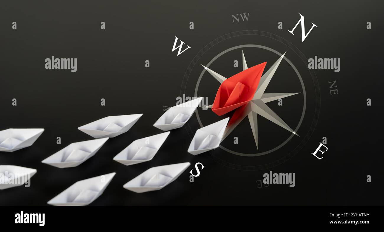 Red Paper Boat On Compass Leading A Fleet Of Small White Boats ...