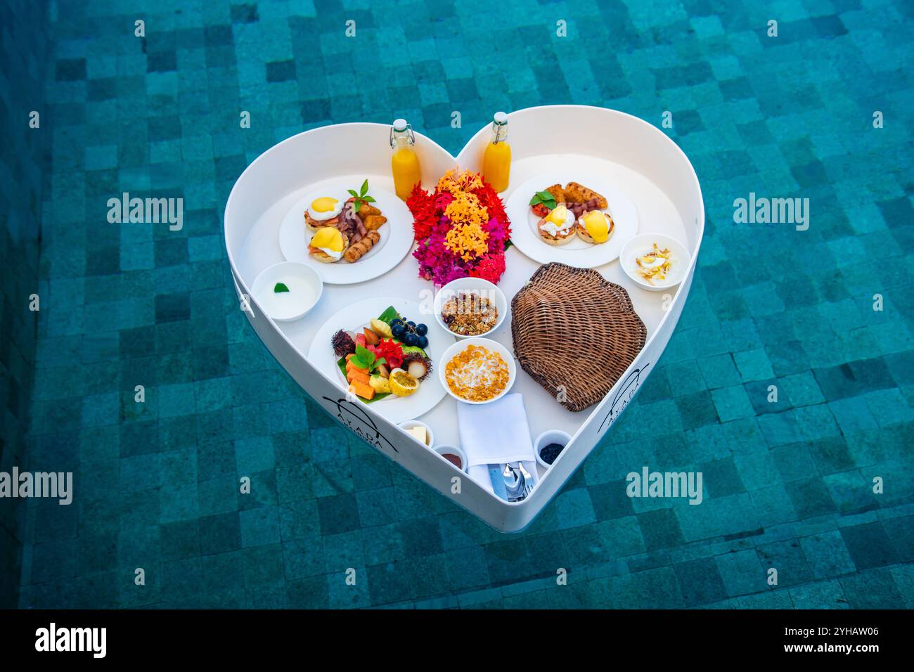 Floating breakfast in a heart shape in the pool in Maldives Stock Photo ...