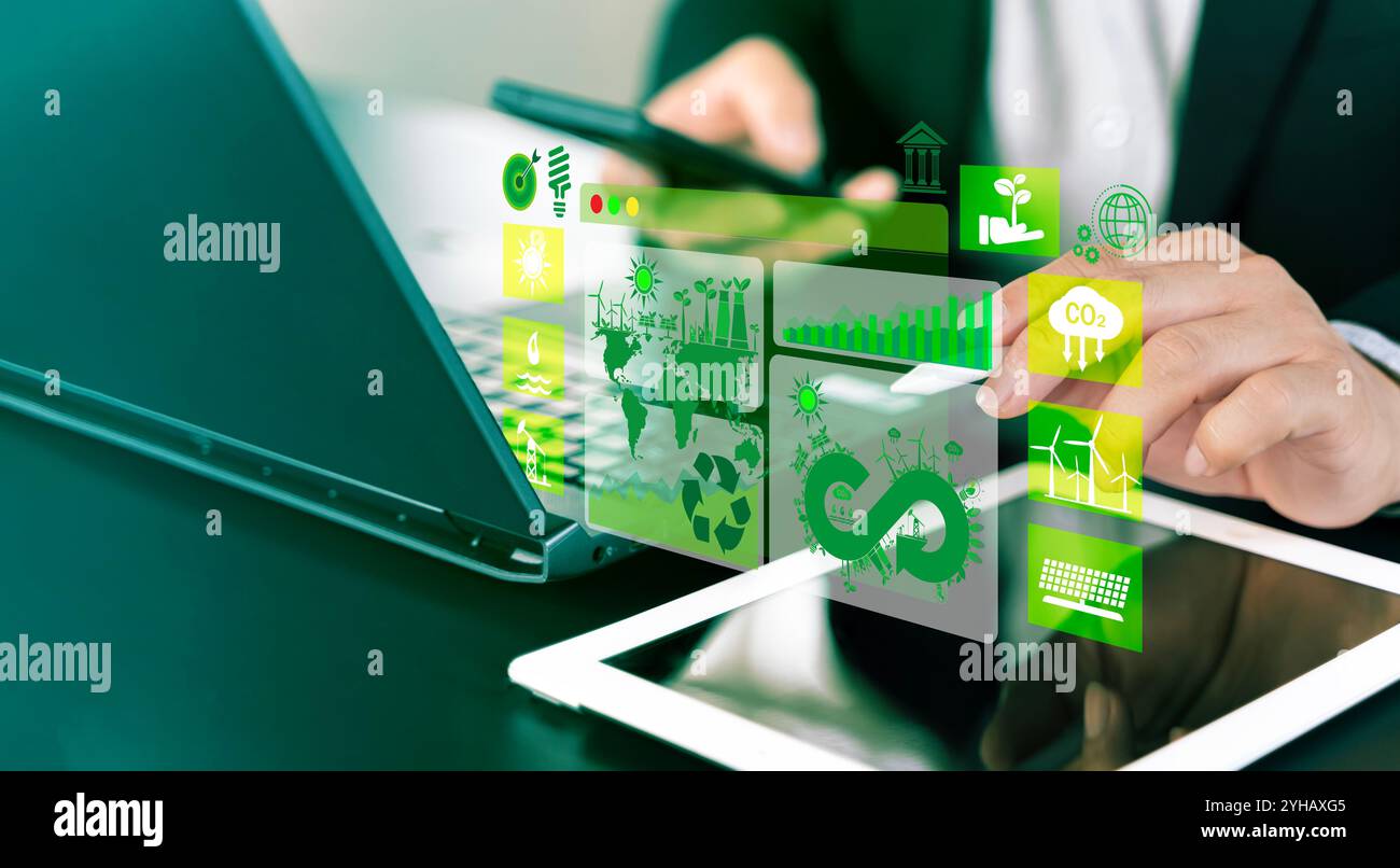 Businessman analyze sustainability investment with icons and Green ...