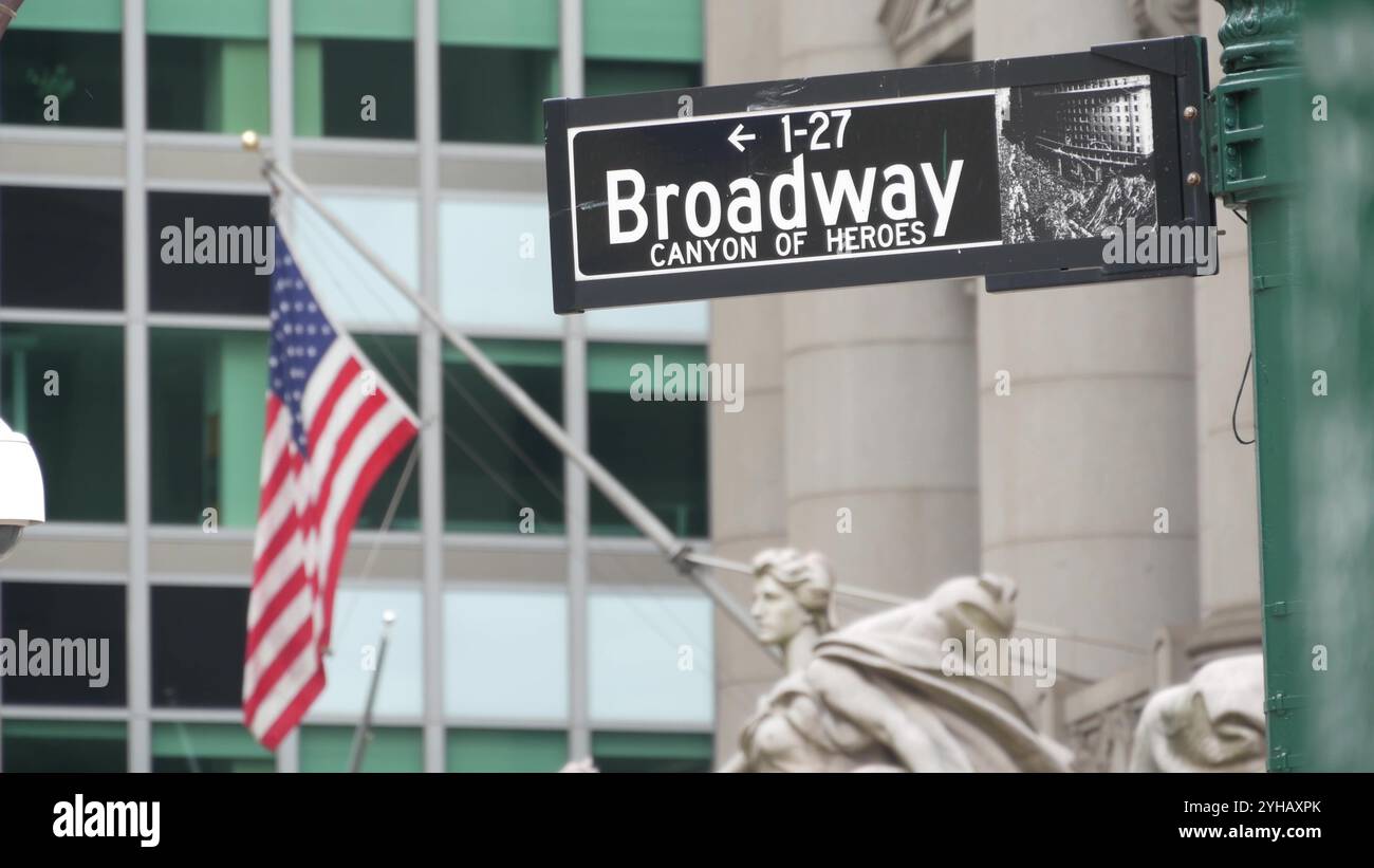 Broadway street road sign, Manhattan downtown financial district ...