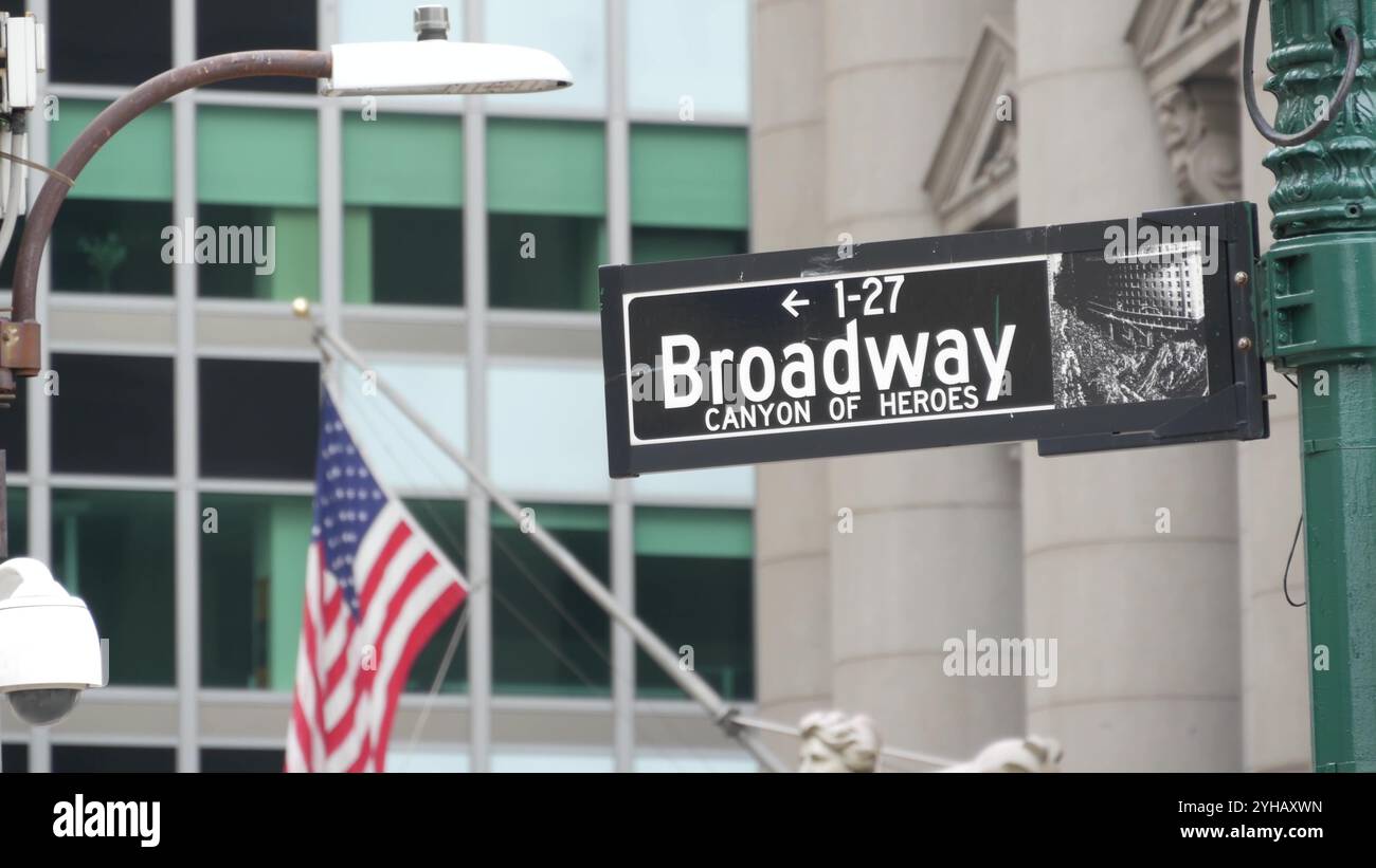 Broadway street road sign, Manhattan downtown financial district ...