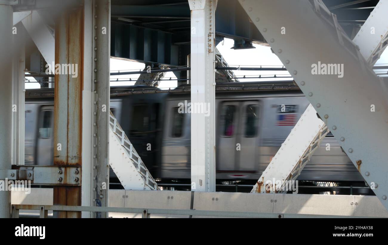 New York City Manhattan Bridge to Brooklyn Dumbo. American subway metro ...
