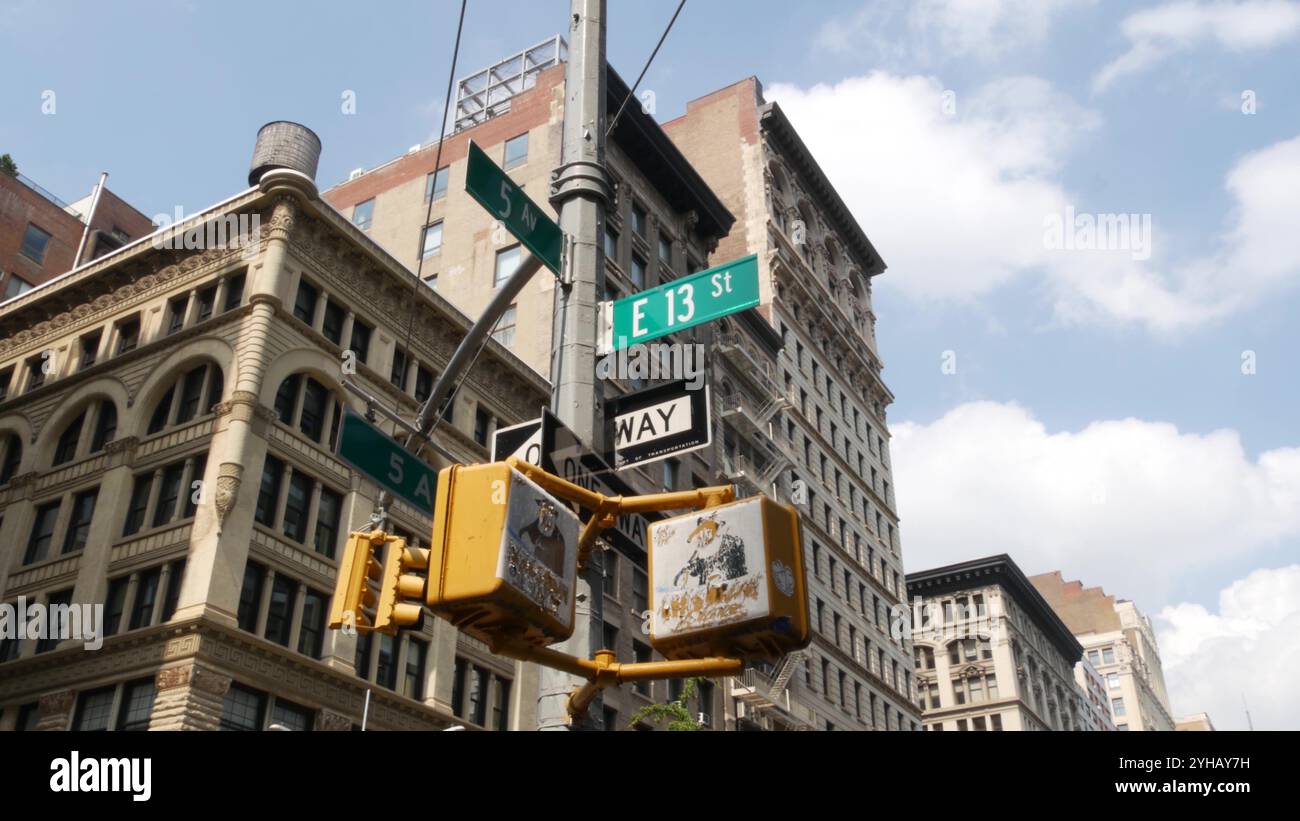Fifth avenue 5 ave road sign, Manhattan midtown architecture, New York ...
