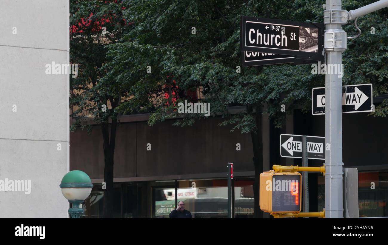 New York City crossroad, Church street intersection, one way road sign ...