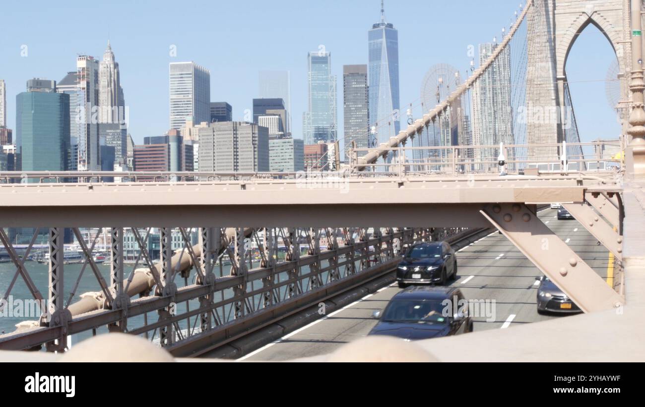 Cars on Brooklyn Bridge to Dumbo. New York City Manhattan downtown ...
