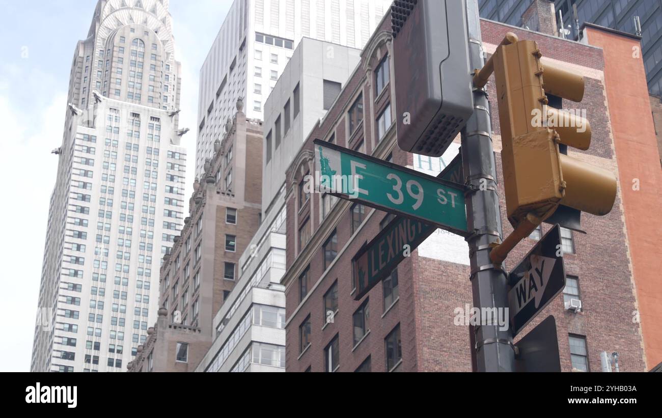 New York City crossroad, Lexington street intersection road sign post ...