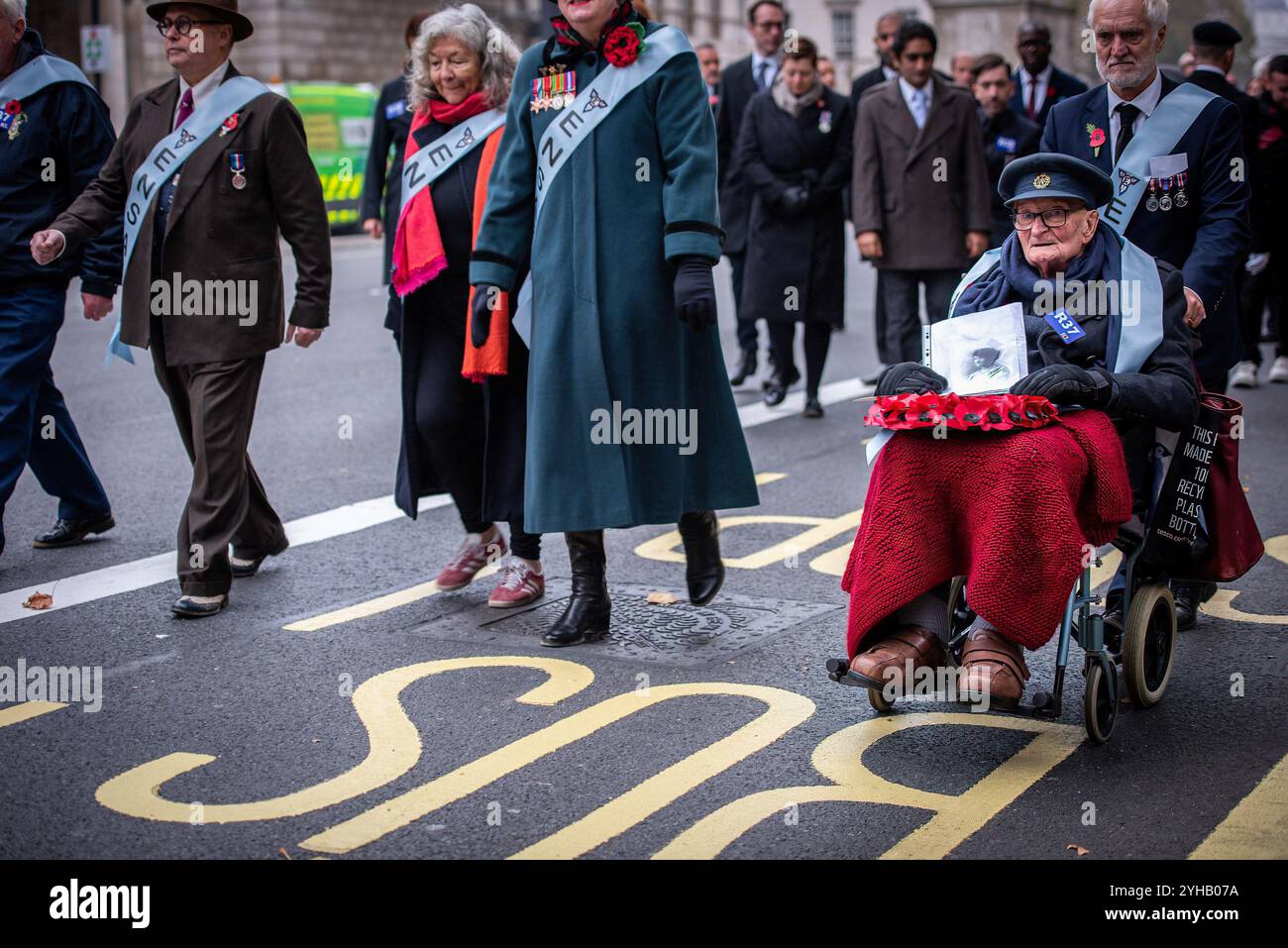 London, UK. 10th Nov, 2024. A veteran in a wheel seen during the Remembrance Day Cenotaph Parade ...