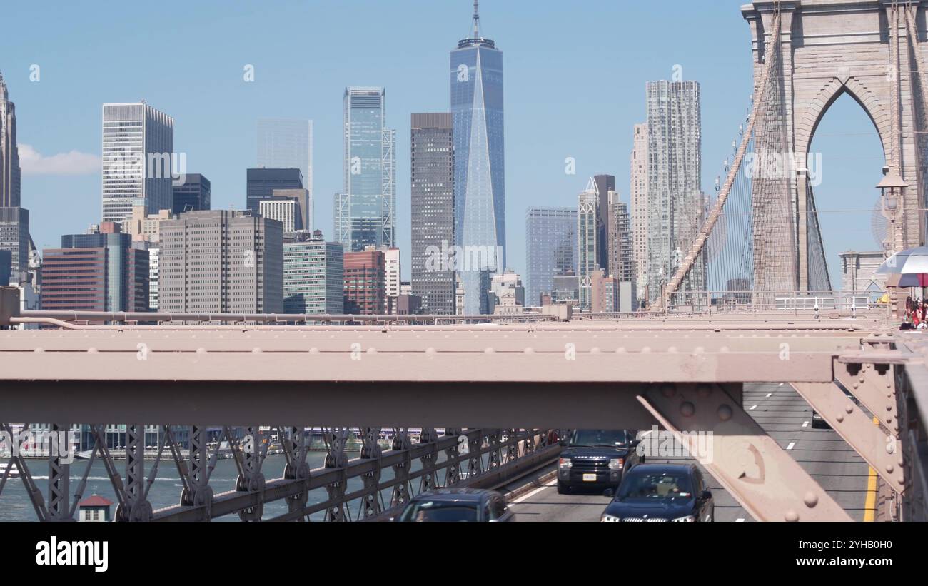 Cars on Brooklyn Bridge to Dumbo. New York City Manhattan downtown ...