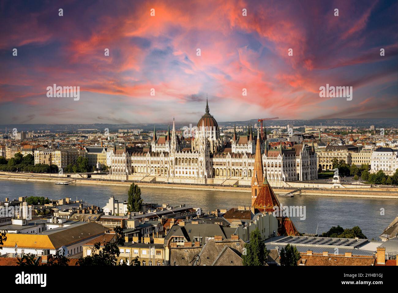 Sunset view of Budapest, highlighting the historic Parliament, Danube ...