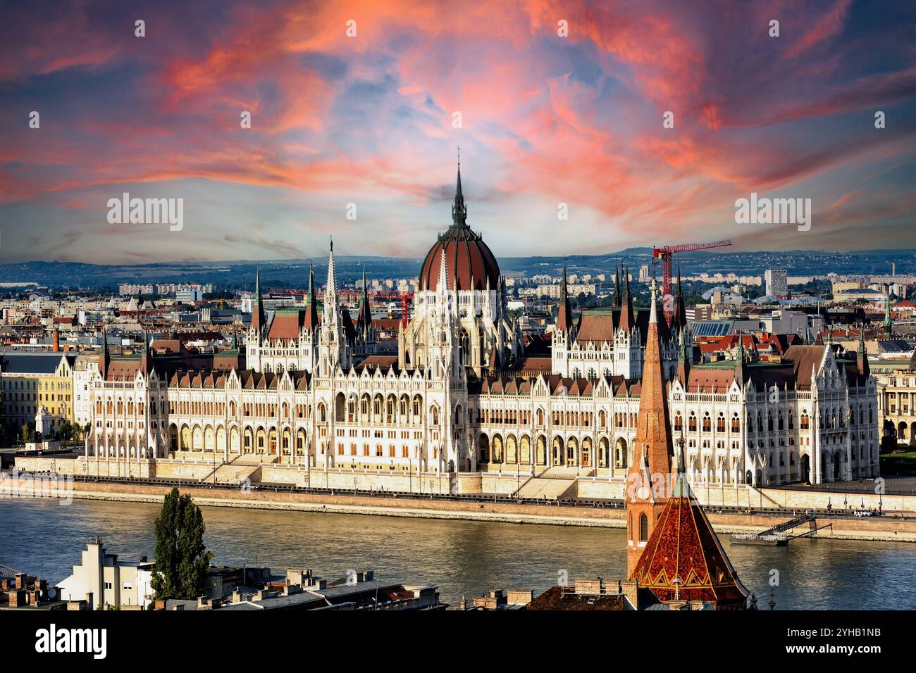 Sunset view of Budapest, highlighting the historic Parliament, Danube ...