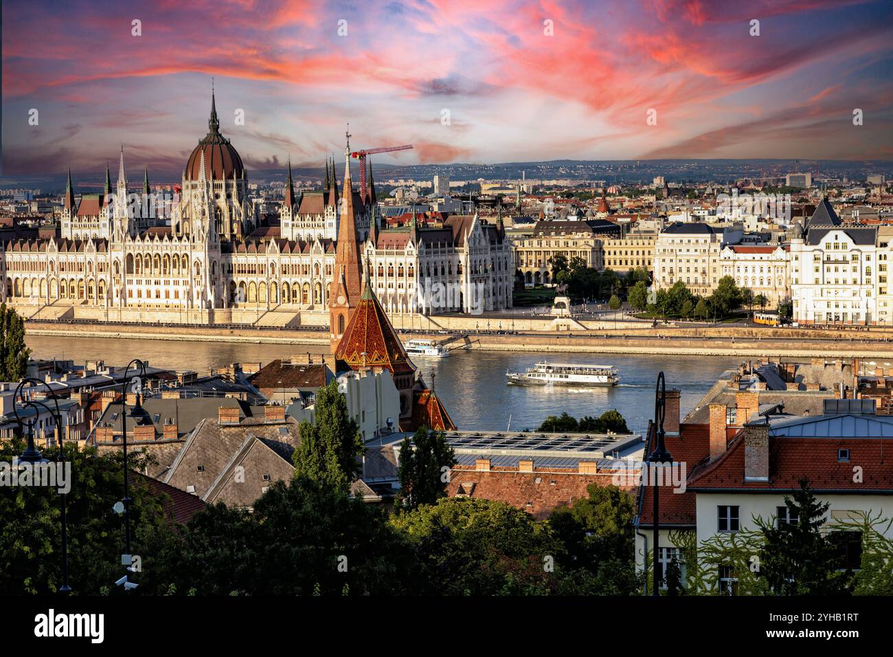 Sunset view of Budapest, highlighting the historic Parliament, Danube ...