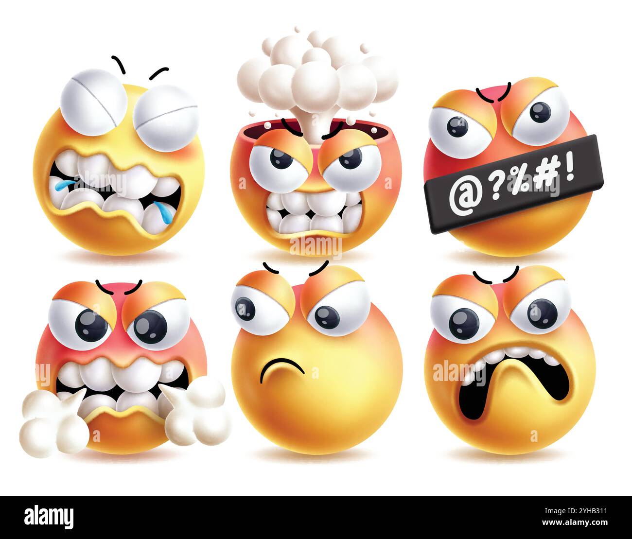 Annoying emoji emoticon vector characters set. Annoying emojis with irritating, exploding, angry ...