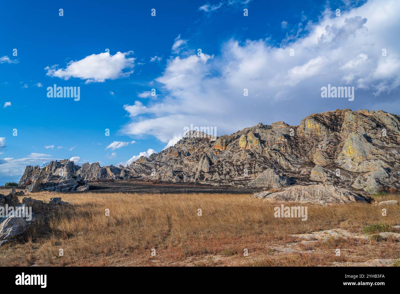 Dramatic layered sandstone cliffs rise above dry savanna grassland ...