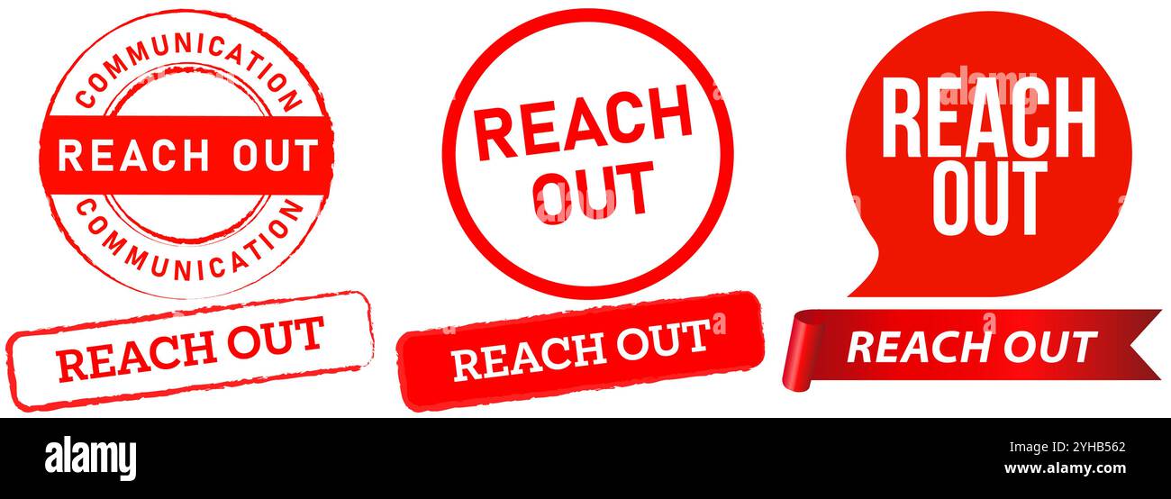 Reach out red stamp badge label sticker icons task job mission ...