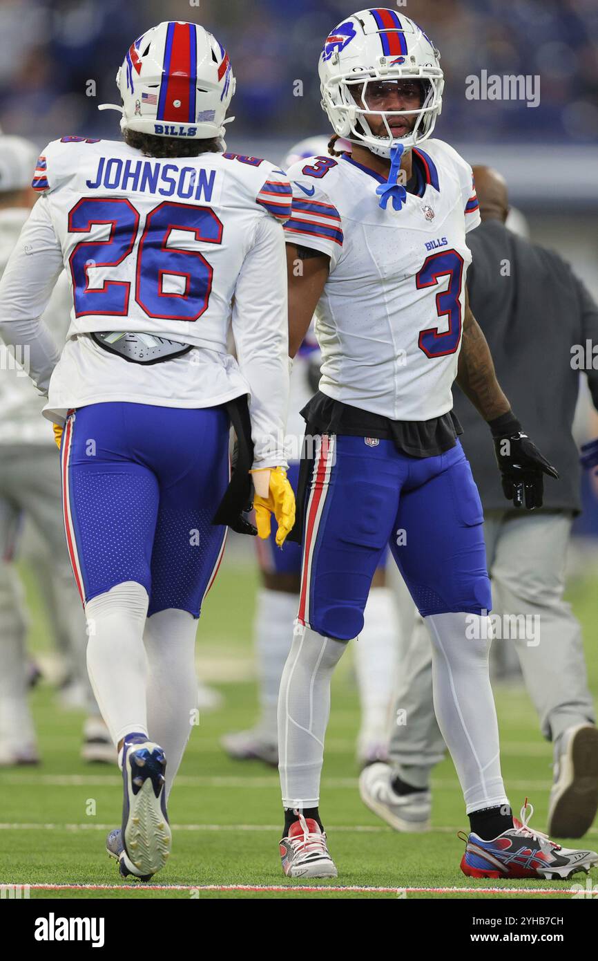 Buffalo Bills safety Damar Hamlin (3) and Buffalo Bills running back Ty Johnson (26) before an ...