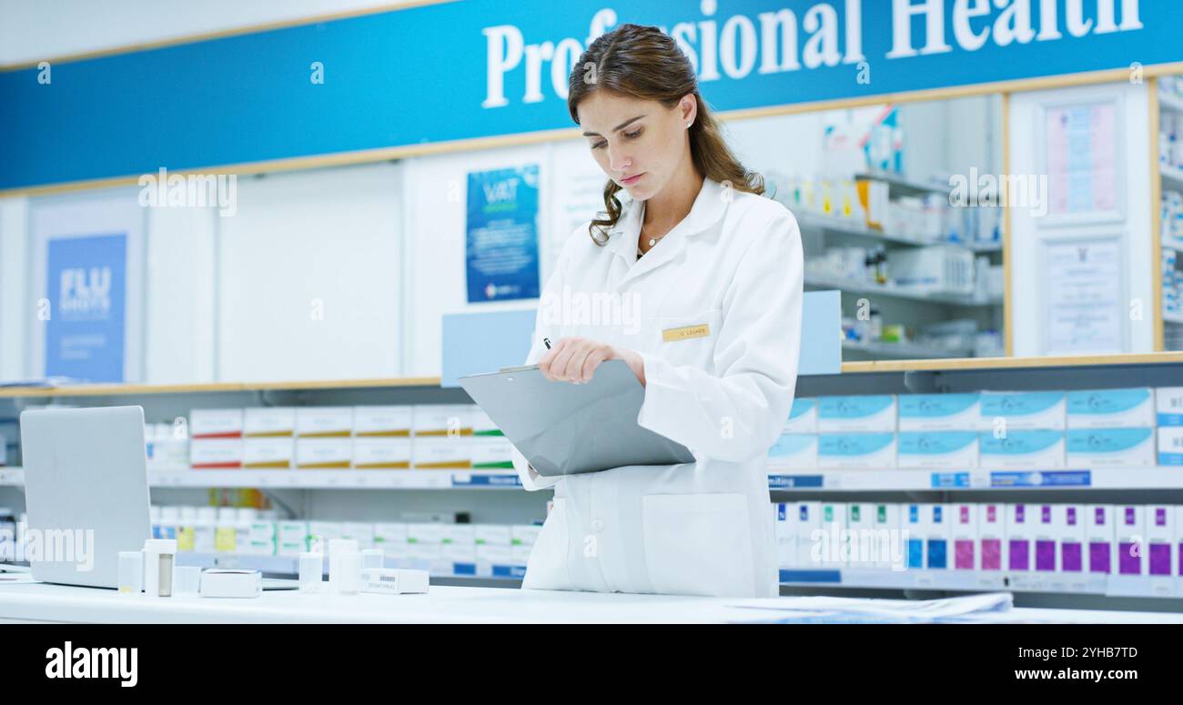 Pharmacist, laptop and checklist for stock, inventory and medicine as ...