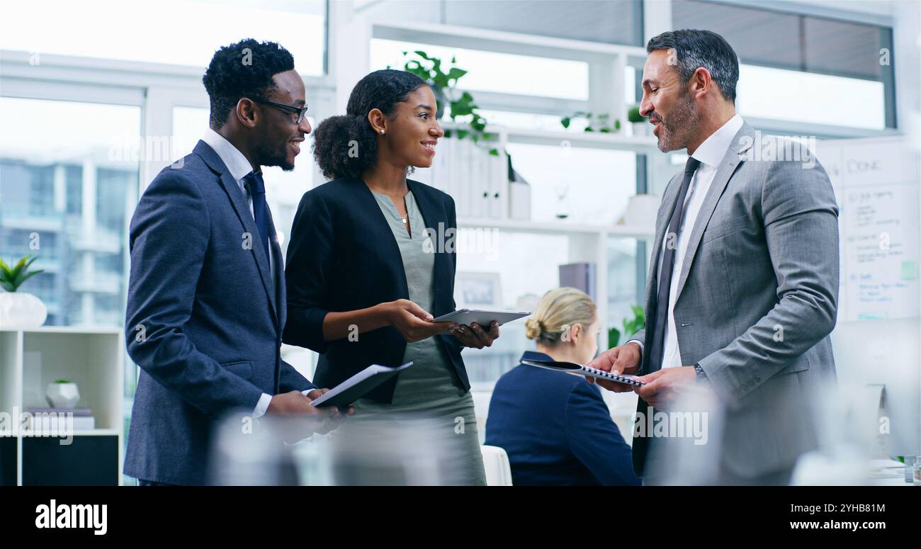 Conversation, documents and business people in meeting, finance and ...