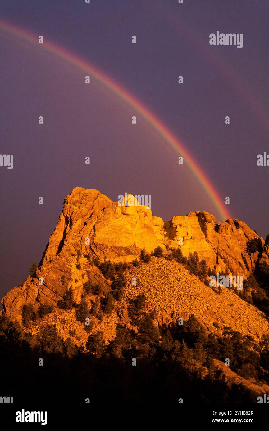 A double rainbow arches over the presidents of Mount Rushmore, South ...
