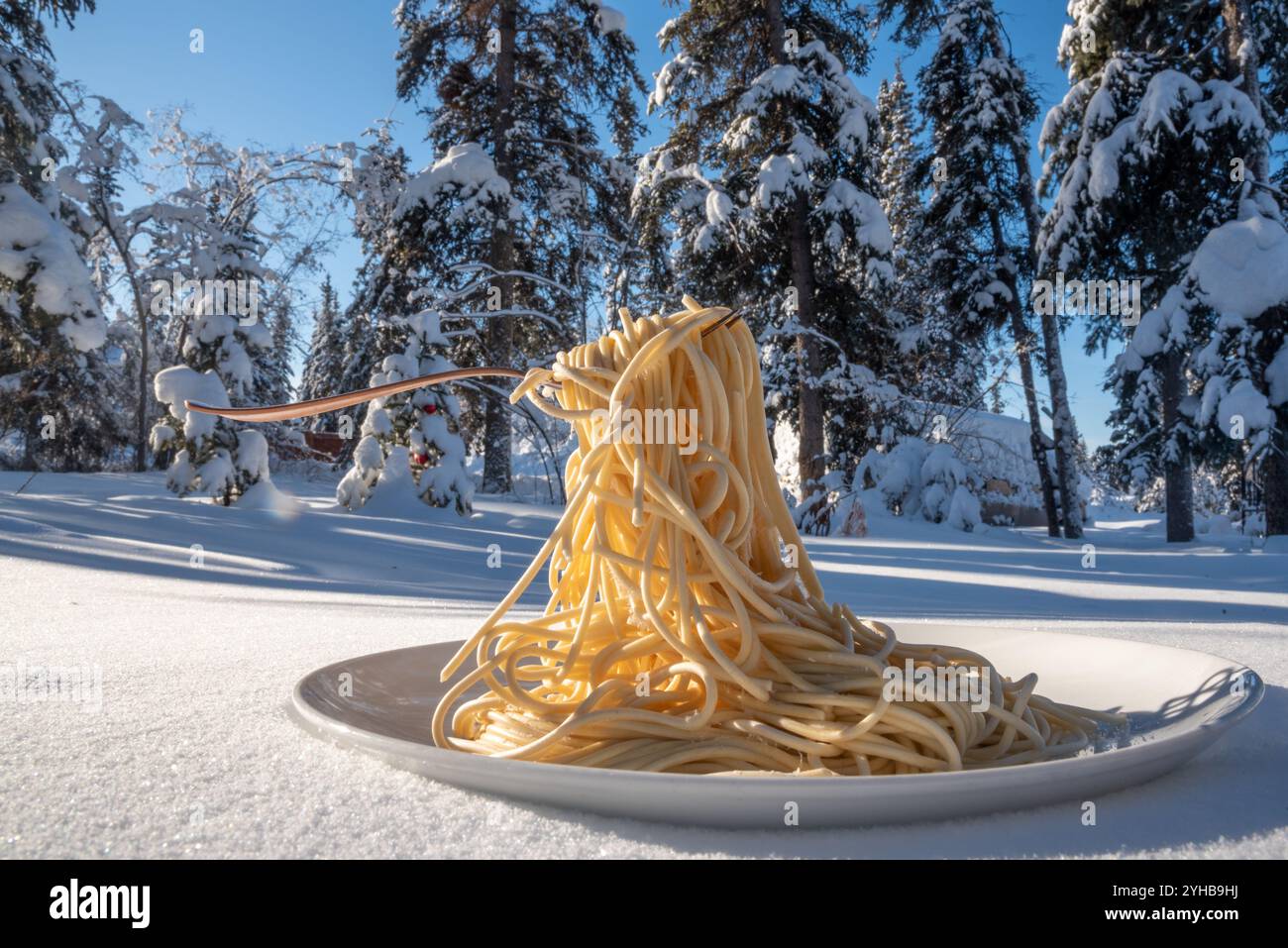 Funny gimmick of completely frozen cooked pasta sitting outside in ...