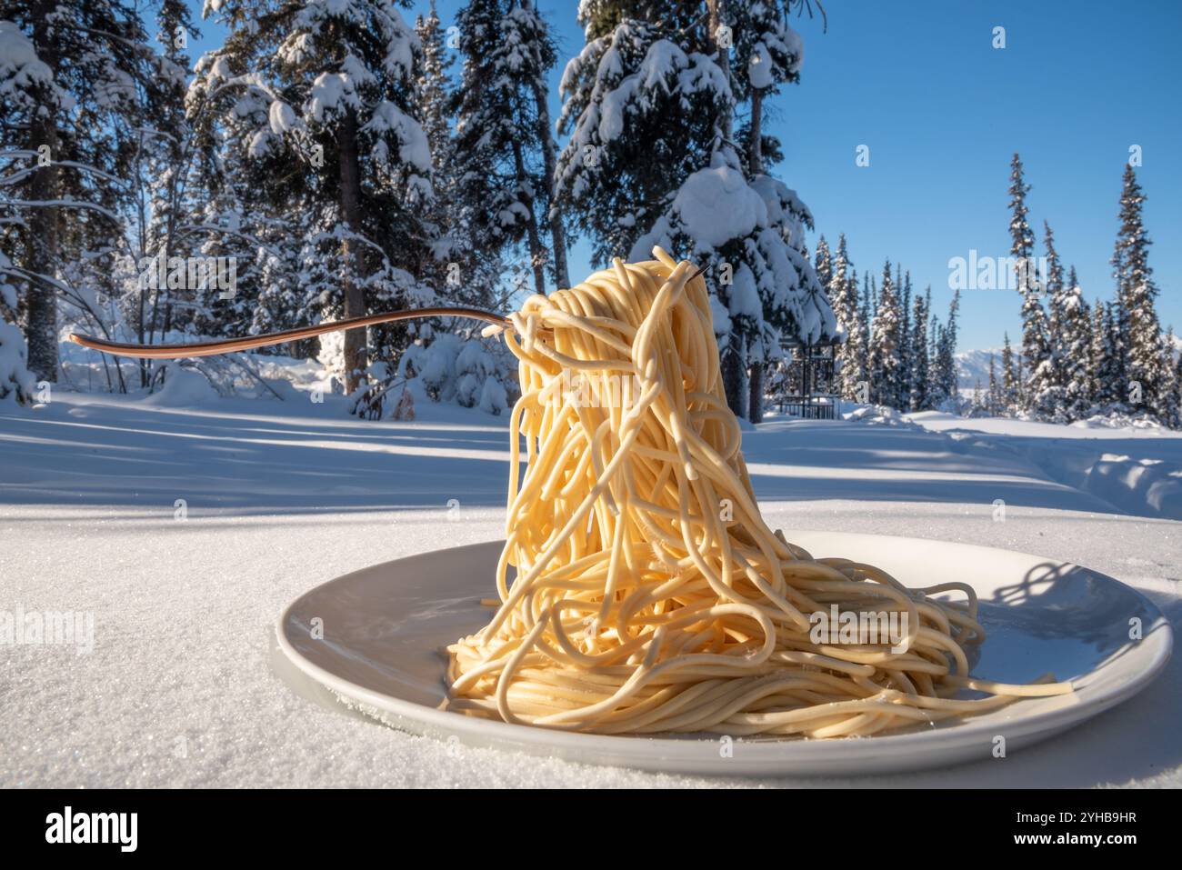Funny gimmick of completely frozen cooked pasta sitting outside in ...