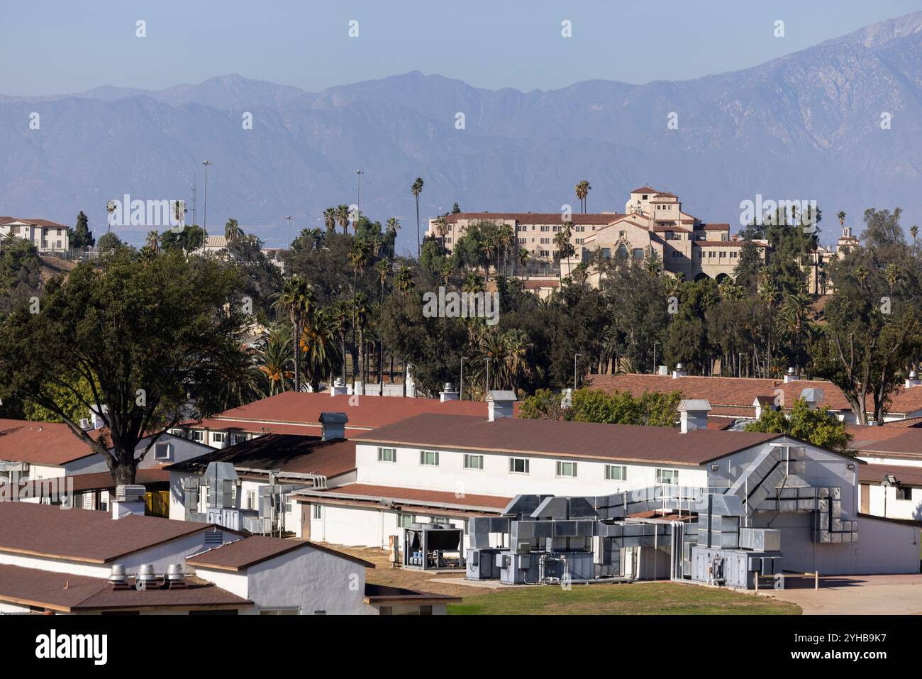 Afternoon sun shines on historic buildings in historic downtown Norco ...