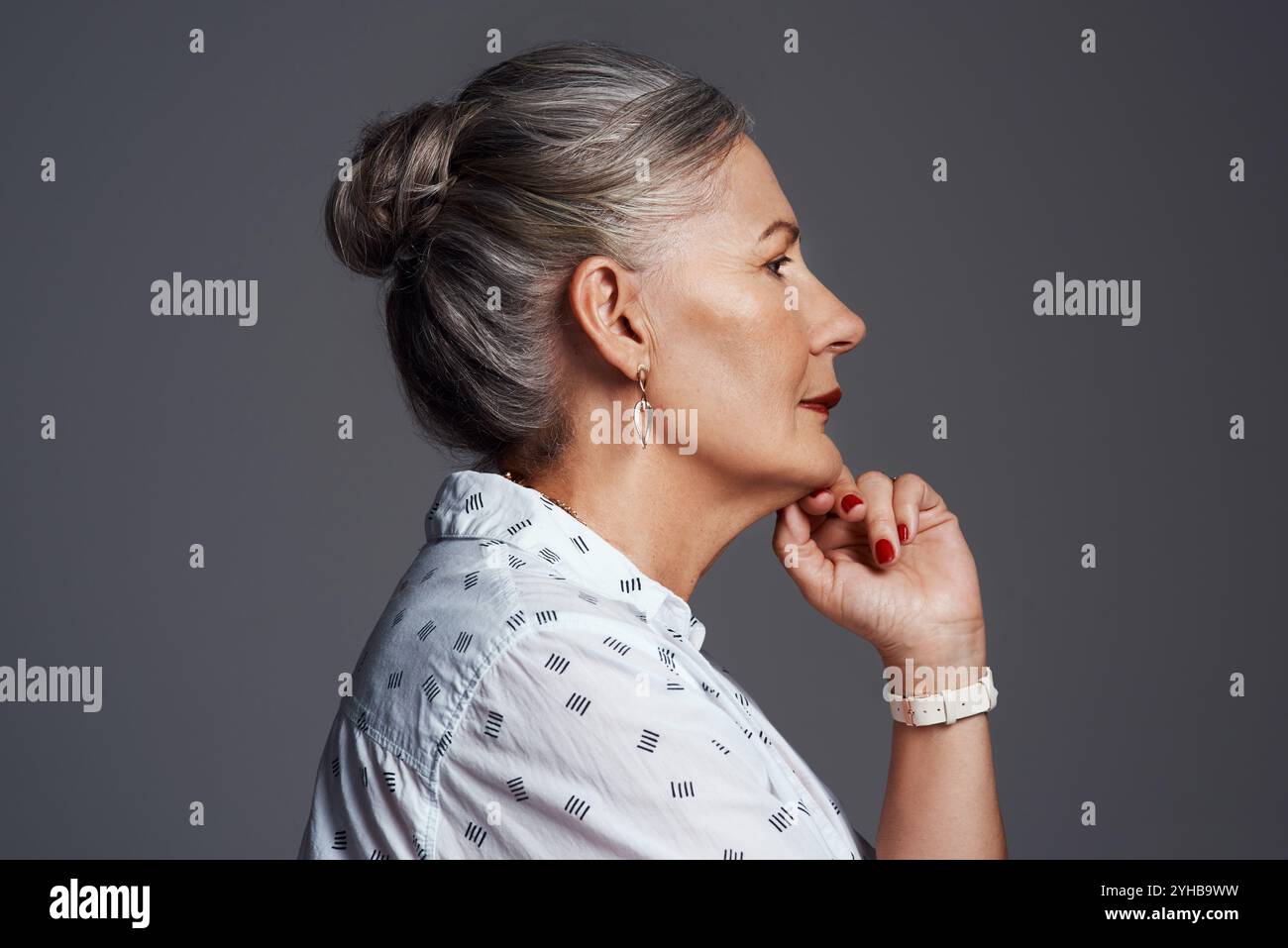 Studio, retirement and senior woman with ideas for nostalgic memory, thoughts and remember past ...