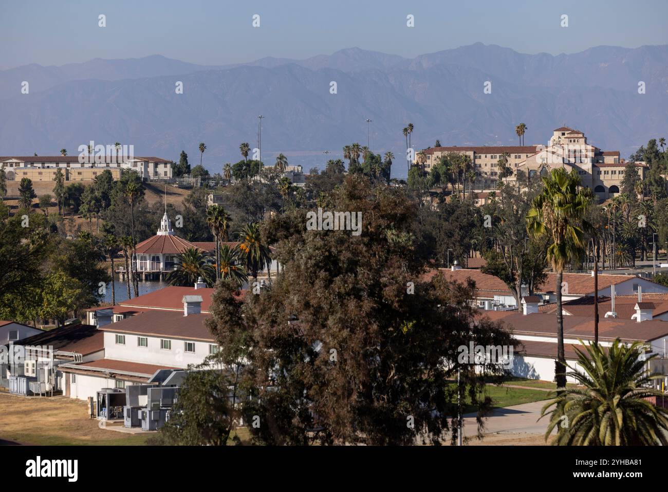 Afternoon sun shines on historic buildings in historic downtown Norco ...