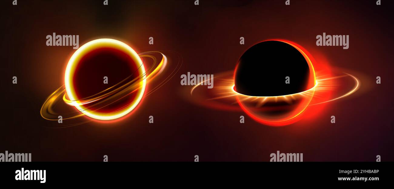 Glowing planetary spheres with luminous rings on dark background. Two ...