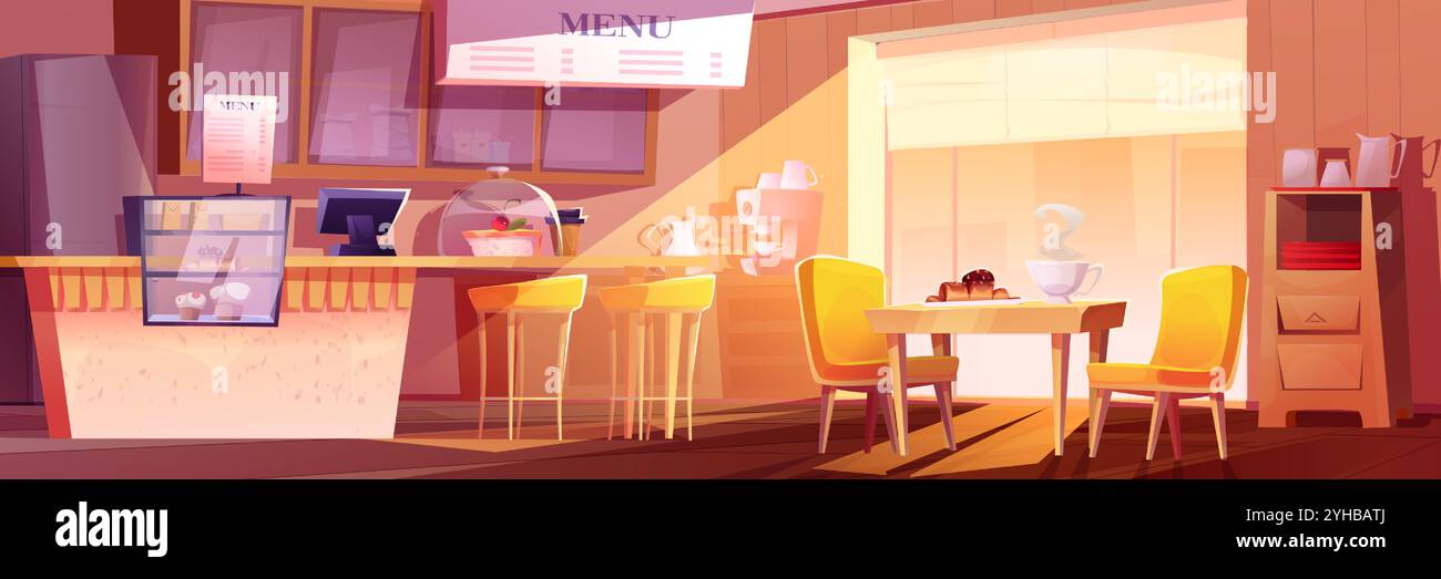 Empty cozy cafe or restaurant interior bathed in warm sunlight. Cartoon ...