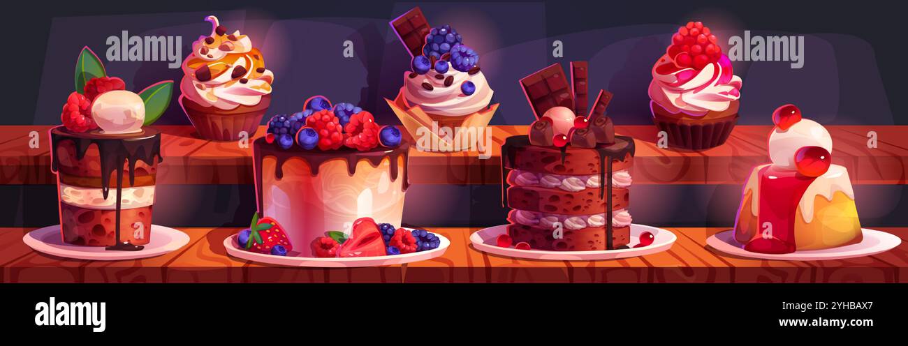 Cake on bakery counter in store. Cute cupcake on shelf in shop interior ...