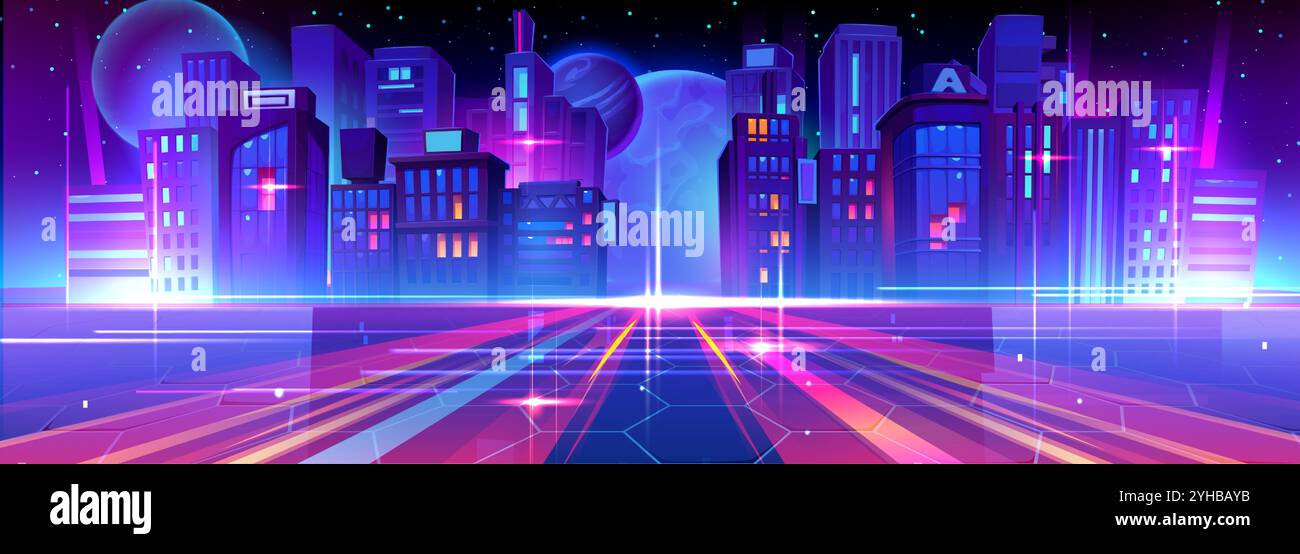 Futuristic metaverse aesthetic city skyline glowing in neon purple and ...