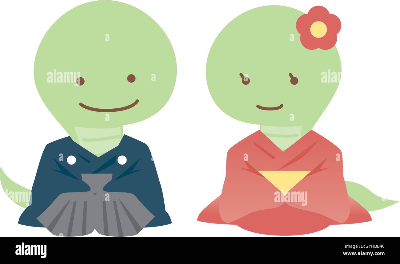 Two snakes wearing kimono and sitting seiza. New Year's card ...