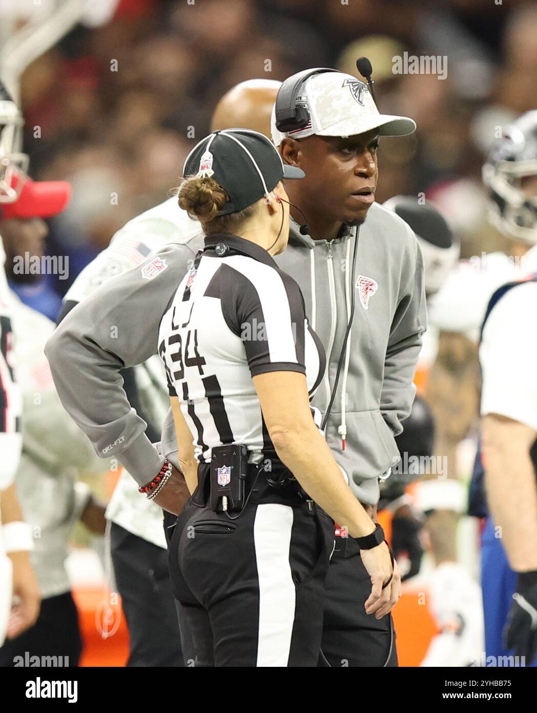 Atlanta Falcons head coach Raheem Morris talks to a referee during a ...