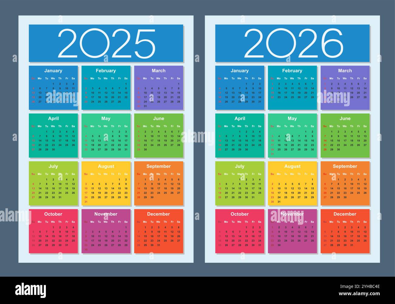 Colorful calendar for 2025 and 2026 years. Week starts on Sunday. Isolated vector illustration ...