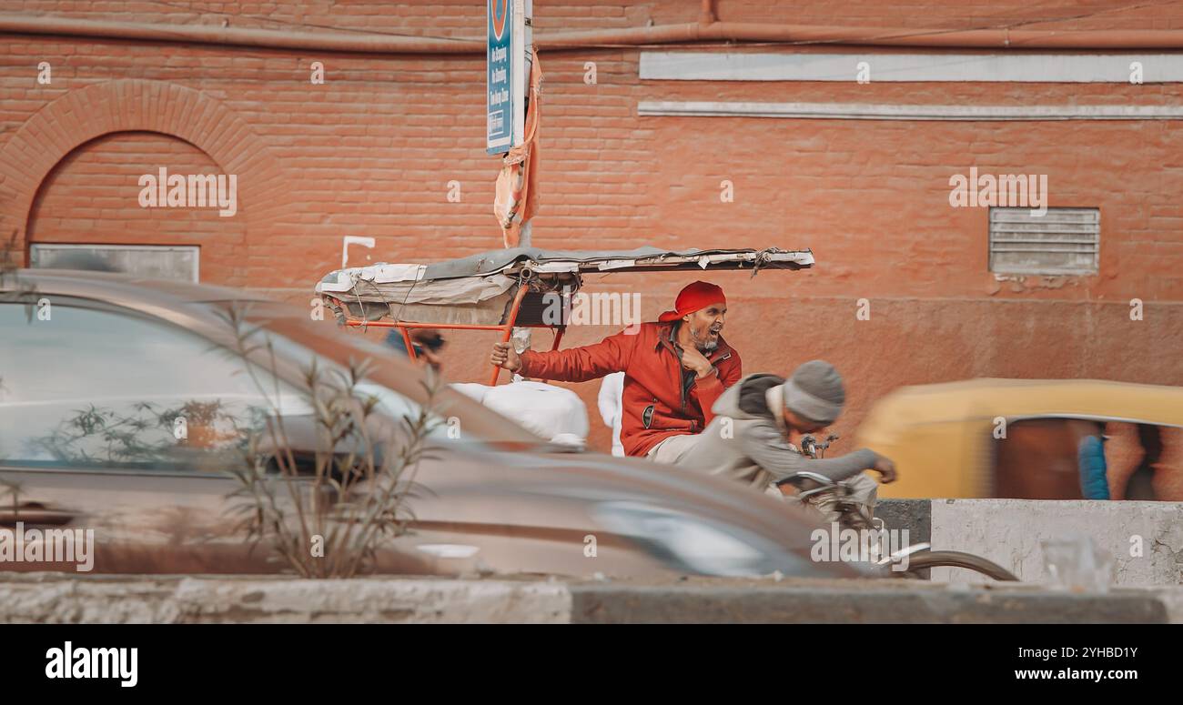 New Delhi, Delhi, India. Indian man carries loaded cargo on a cargo ...