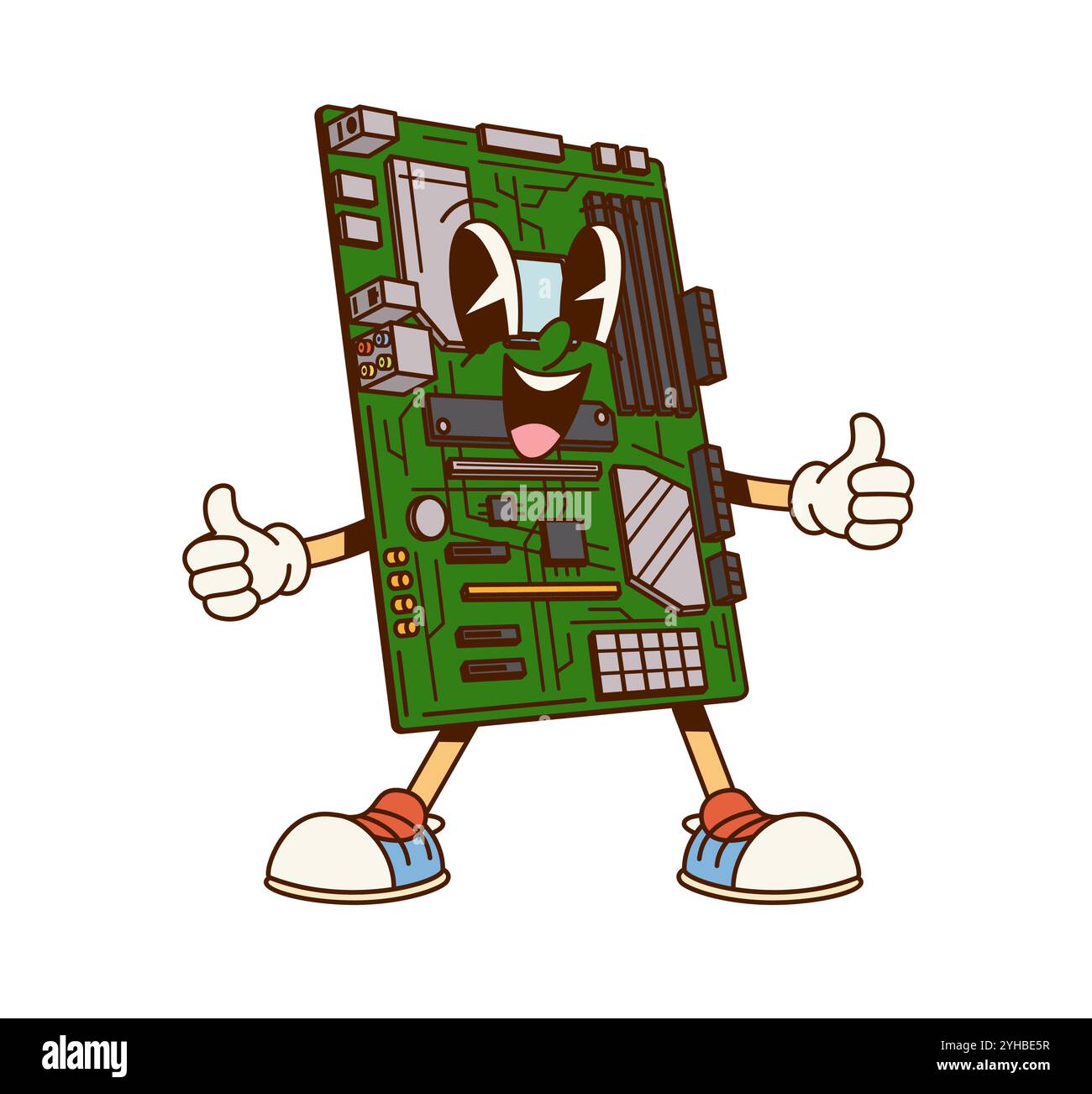 Groovy computer motherboard character. Isolated cartoon vector vintage nostalgic processor ...