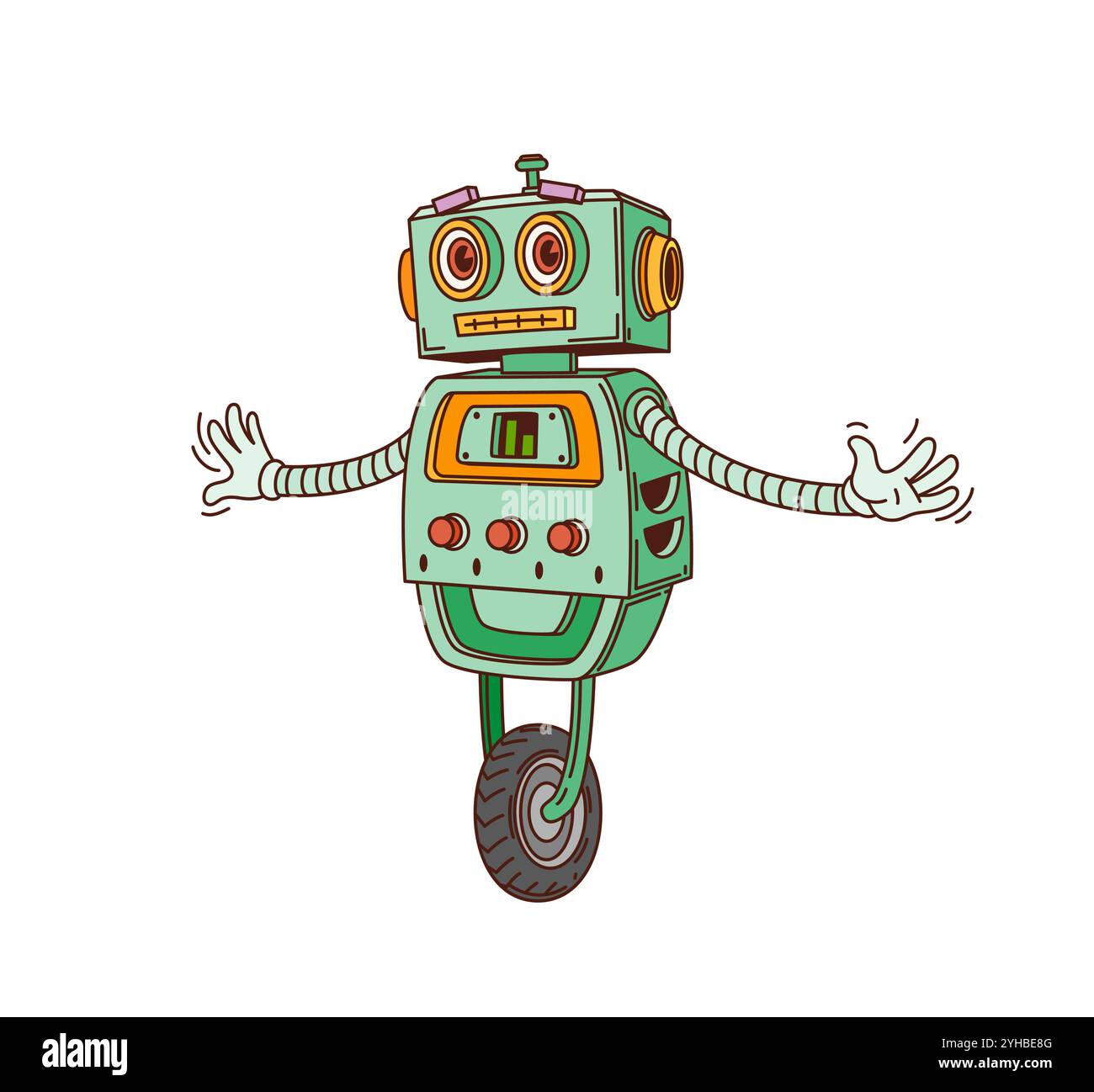 Cartoon retro groovy robot on wheel with robotic hands, vector comic ...