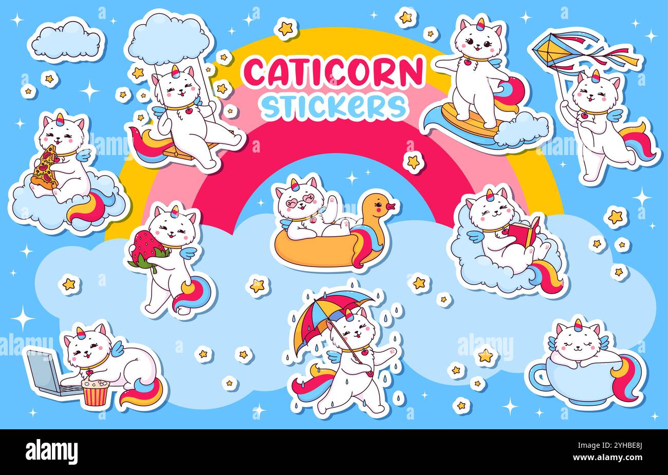 Cartoon caticorn characters stickers of cute unicorn cat, kitty and ...